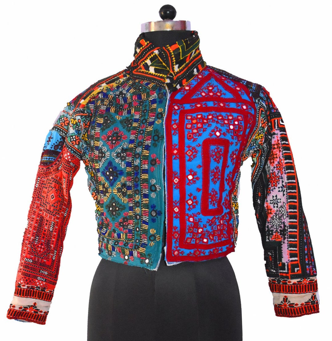 Women ethnic Boho jeans jacket Mirrored Embroidery Tribal Beautiful hand customsed patchwork ...