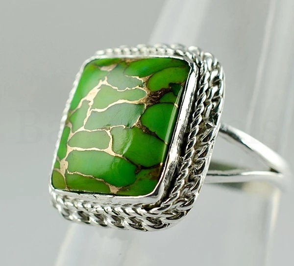 Green Copper Turquoise Ring 925 Sterling Silver Cushion - Etsy