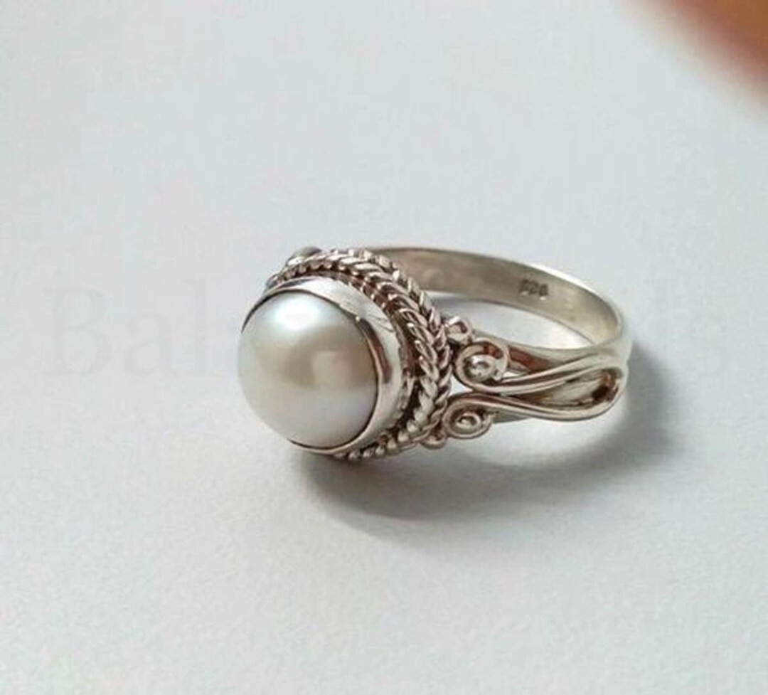 White Pearl Stone Ring, 925 Sterling Silver, Round Gemstone Ring, Split ...