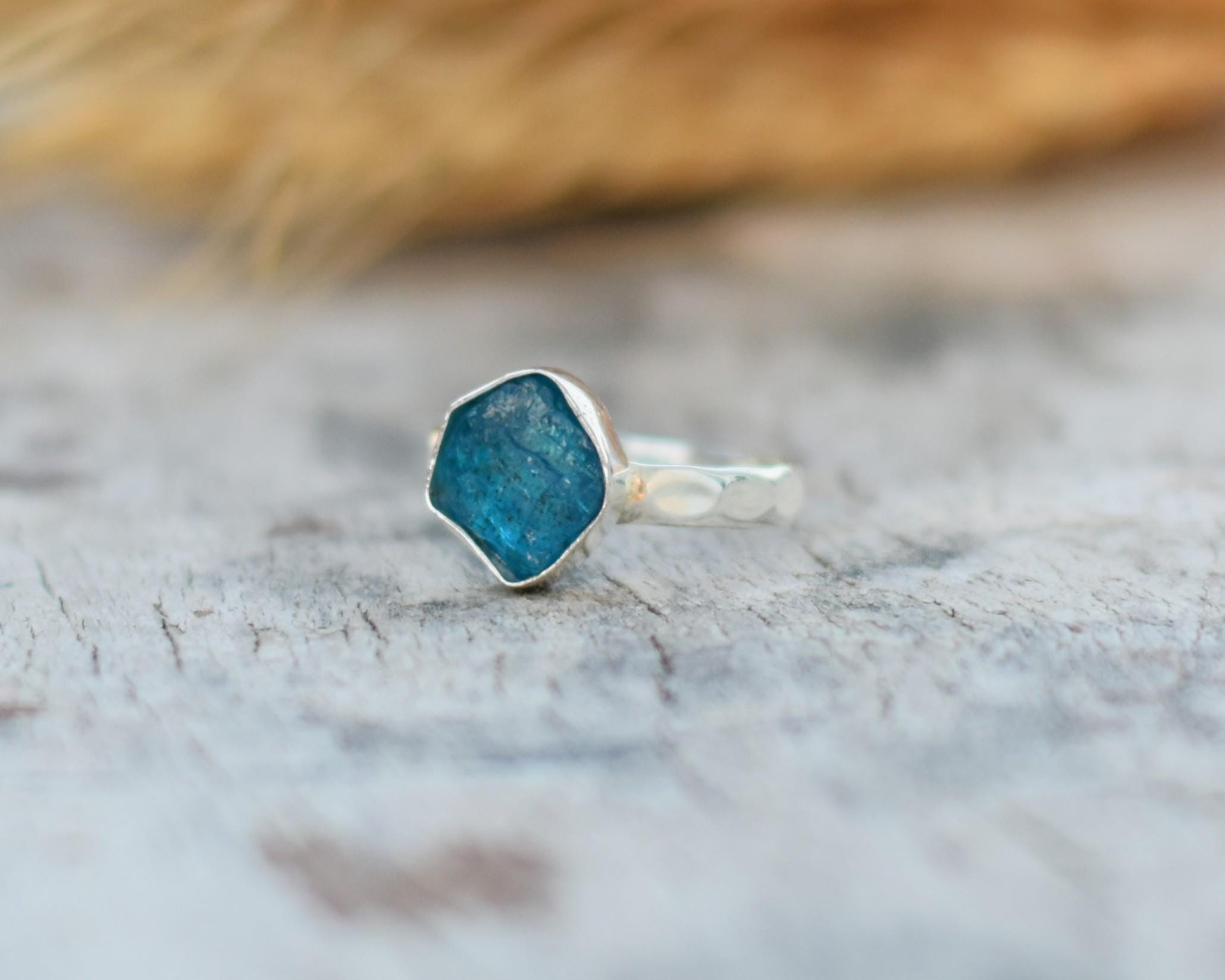 Blue Apatite Ring, Raw Stone Jewelry, Hammered Silver Band Design ...