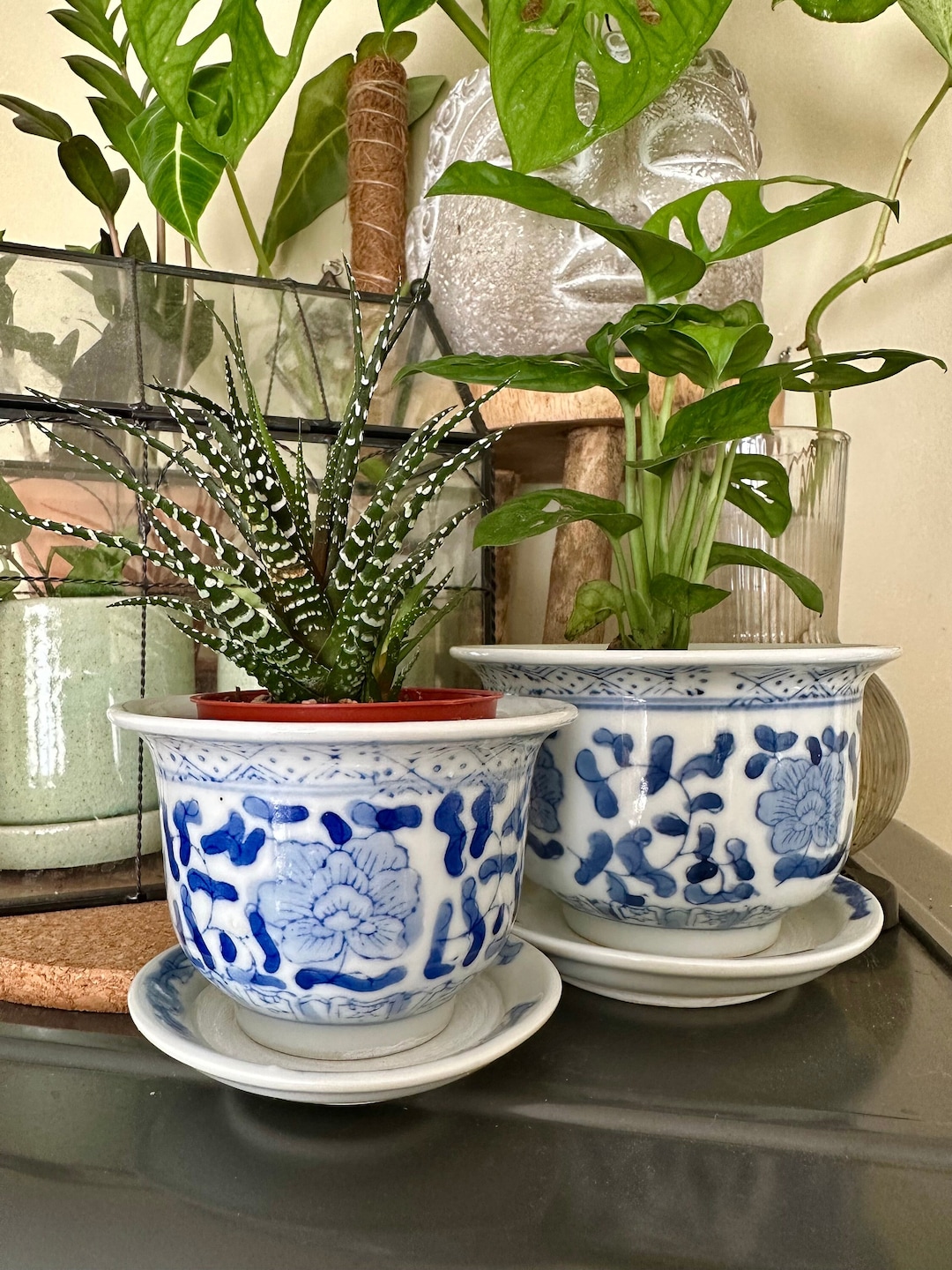 Classic Floral Blue and White Porcelain Chinoiserie Pots W/saucers 90s ...