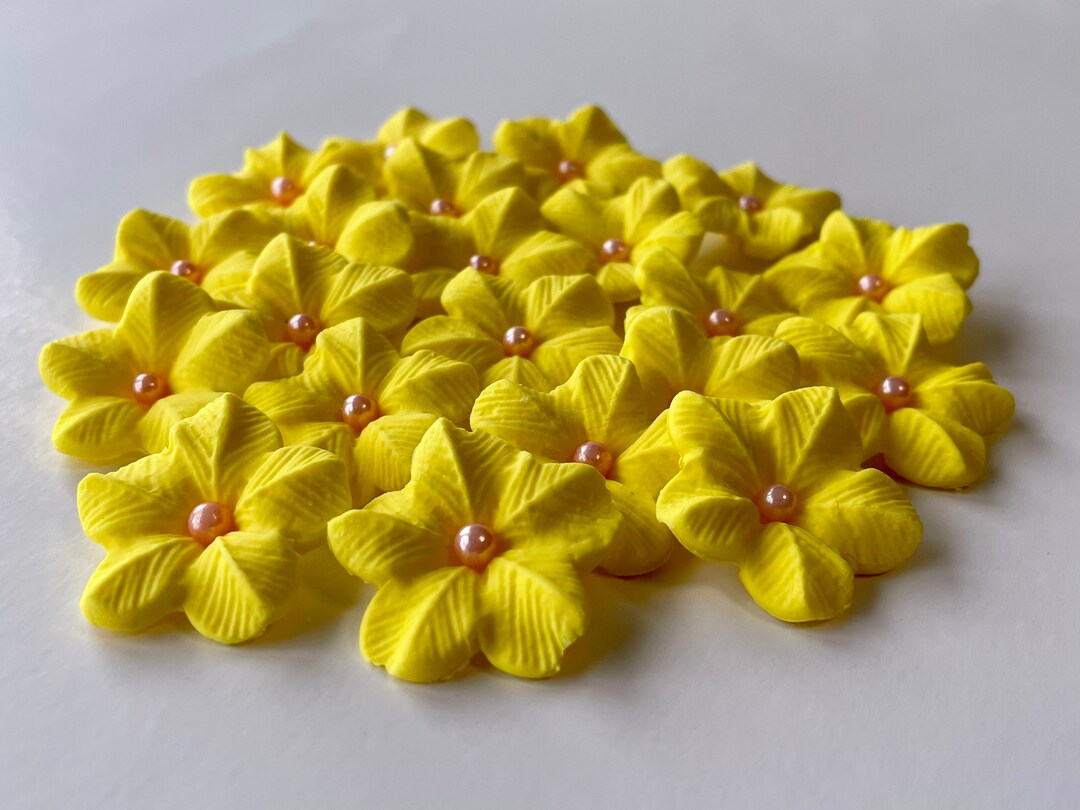 Yellow Fondant Flowers With Pink Sugar Nonparail Pearl - Vegan - Etsy