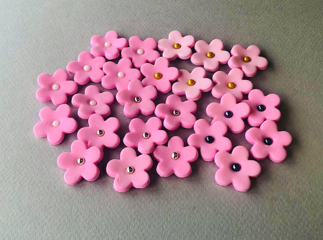 Pink Fondant Flowers With Edible Sugar Pearl Center - Etsy