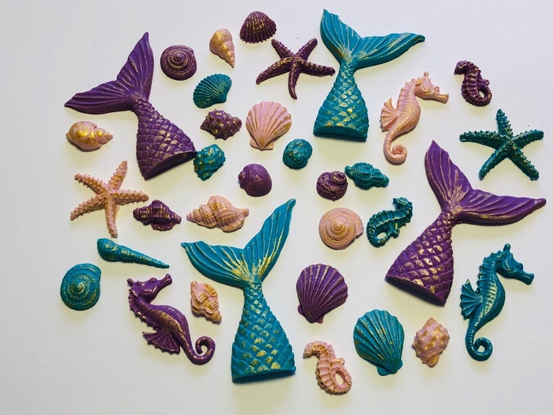 Edible Fondant Mermaid Tails and Shells With Gold Details for | Etsy