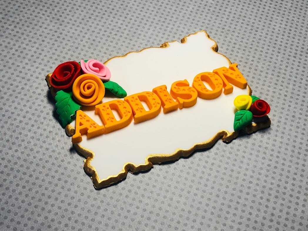 Fondant plaque edible flower and name cake topper | Etsy