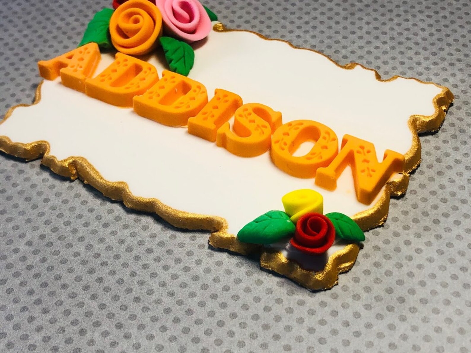 Fondant plaque edible flower and name cake topper | Etsy