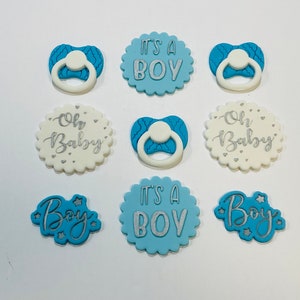 12 Baby Shower Boy Fondant Edible Toppers With Silver Details, Gender ...