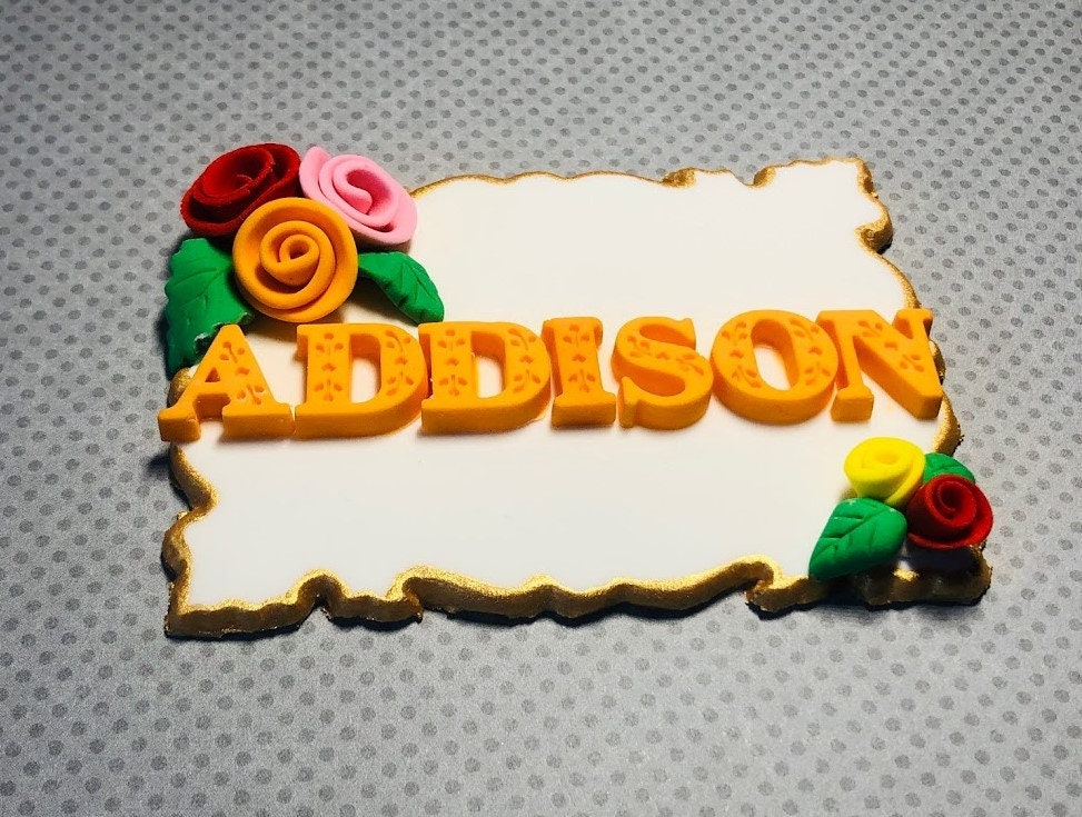 Fondant plaque edible flower and name cake topper | Etsy