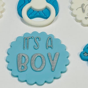 12 Baby Shower Boy Fondant Edible Toppers With Silver Details, Gender ...