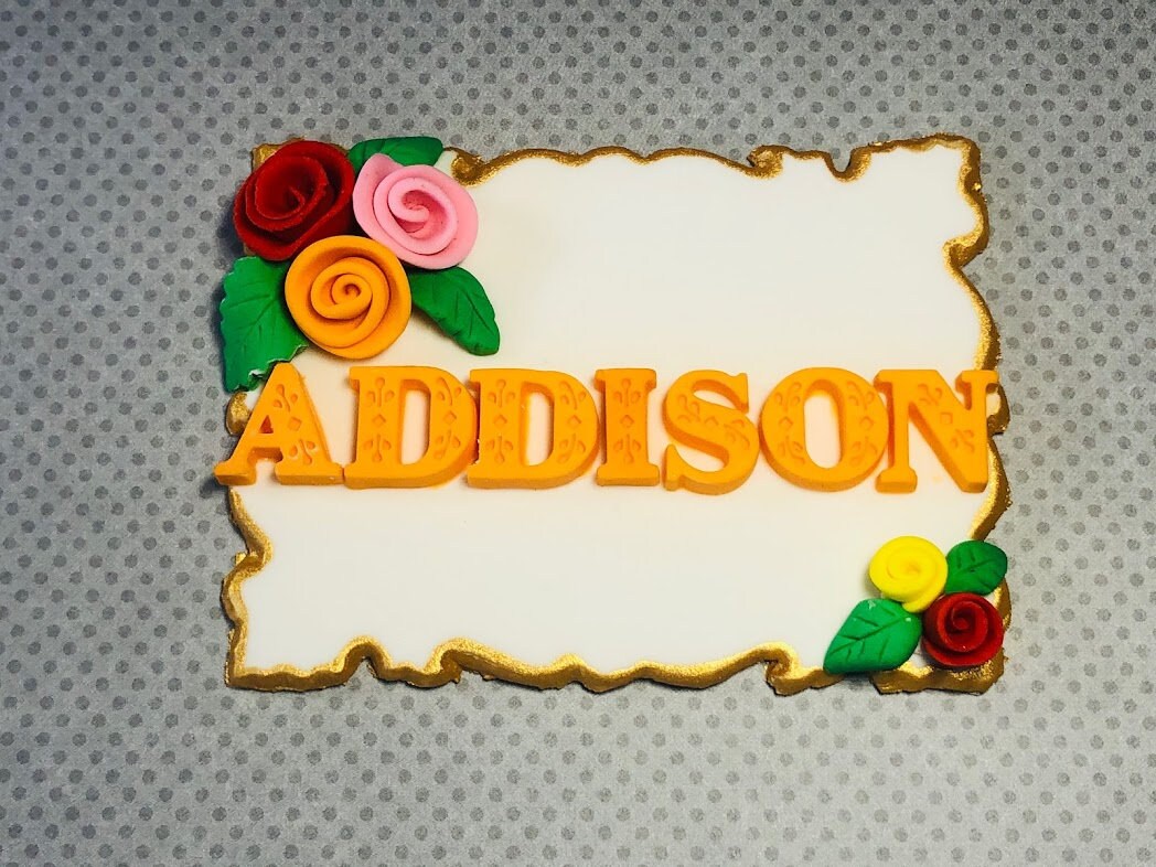 Fondant plaque edible flower and name cake topper | Etsy