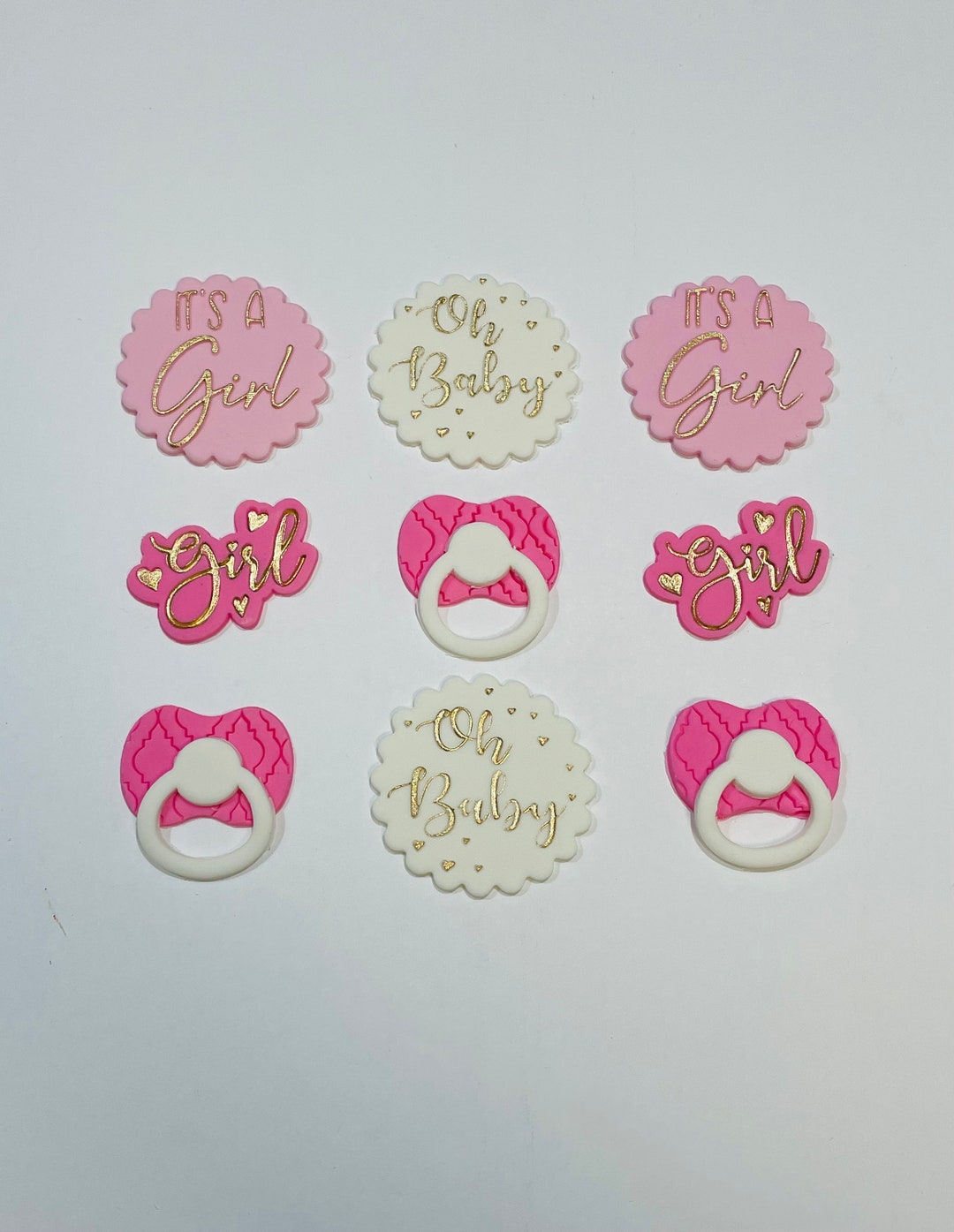 Baby Shower Girl Fondant Edible Toppers With Gold Details, Gender ...