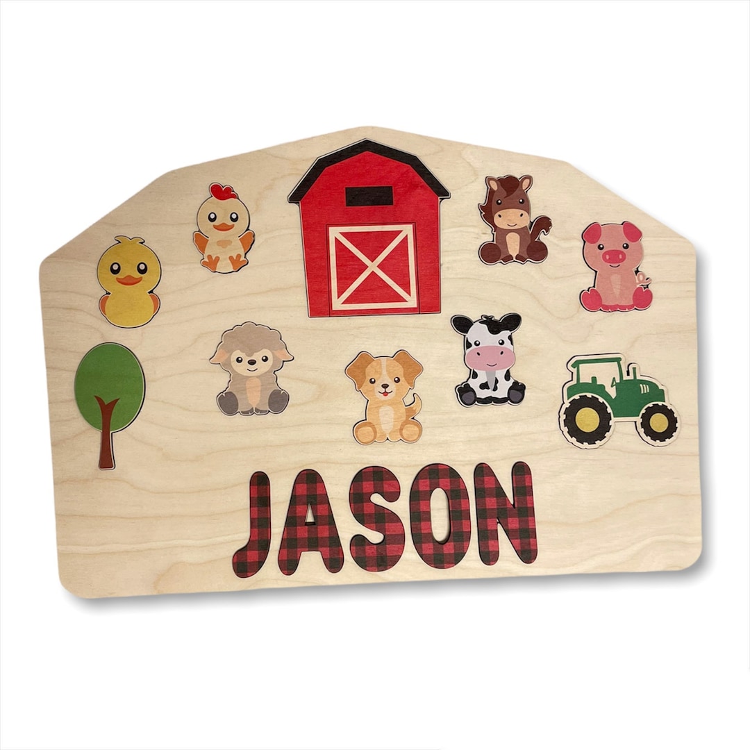 Farm Themed Name Puzzle, Farm Animals, Red Barn Wood, First Birthday ...