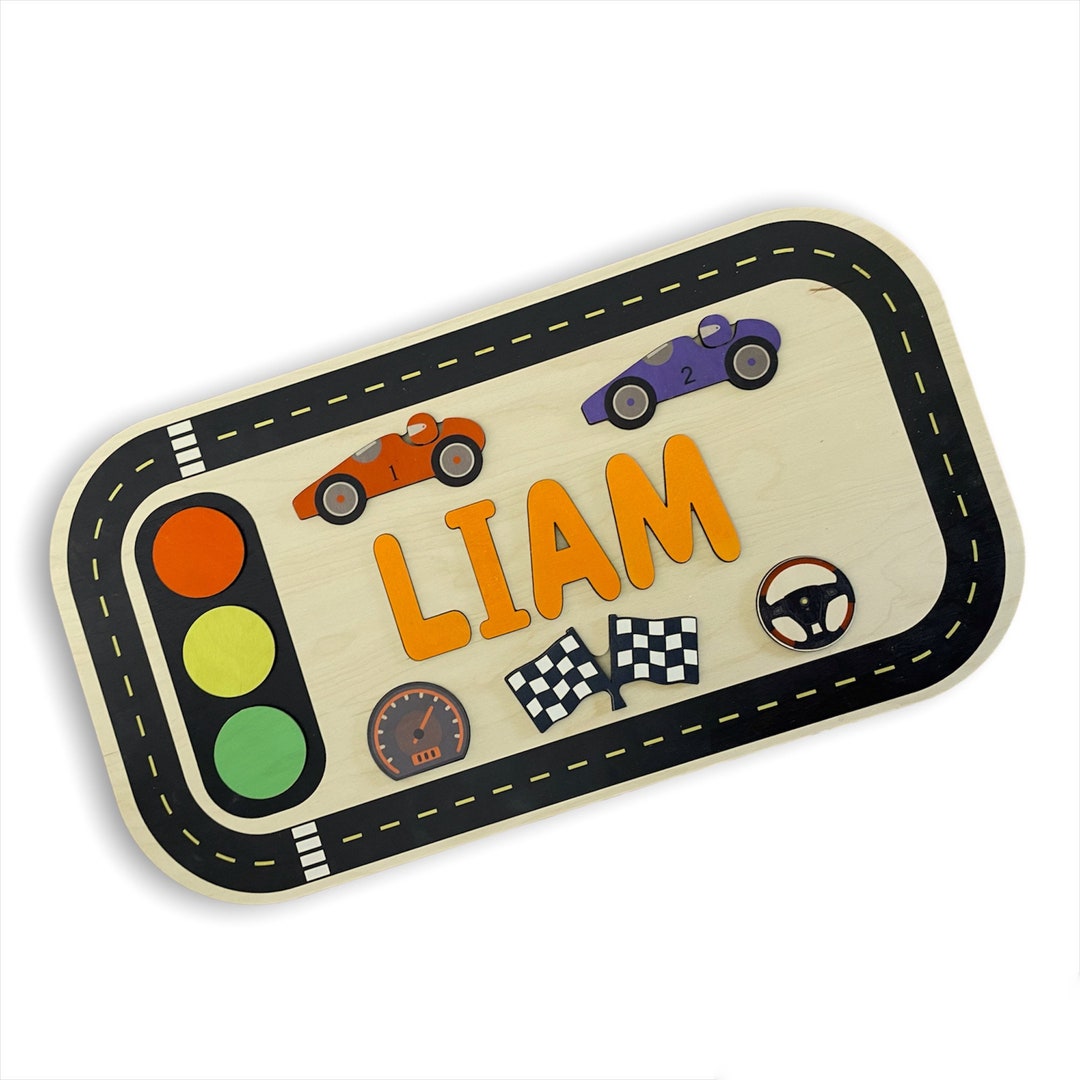 Race Car Theme Name Puzzle, Racing Road Tracks Checkered Flag Wheel ...