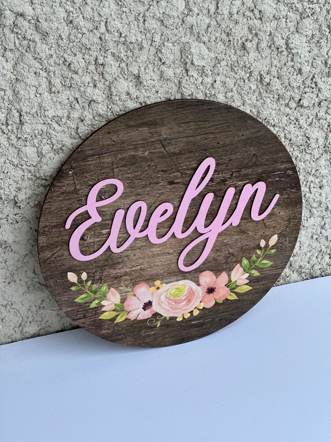 Pastel Flower Wooden Round Name Sign, Personalized Wall Decor, Floral ...