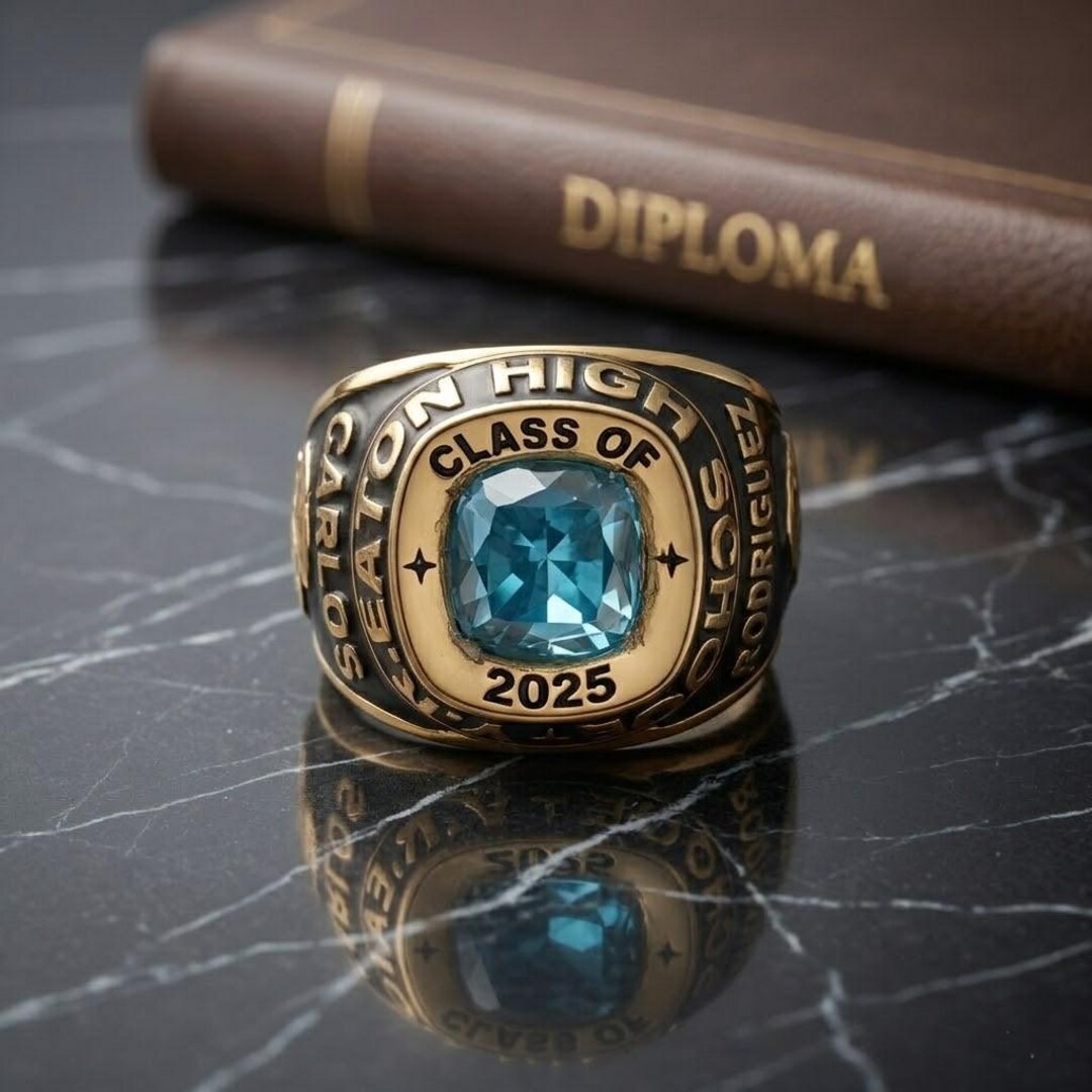 Custom 2025 Eaton High School Class Ring, Gold Finish With Blue Stone ...