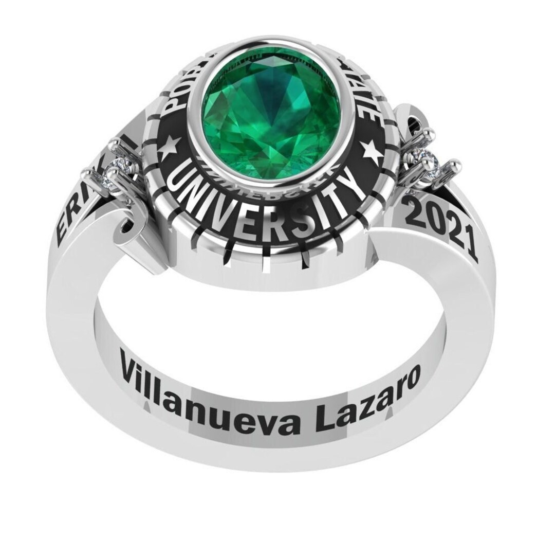 University Class Ring in Silver 925, Simulated Emerald Ring, Ladies ...