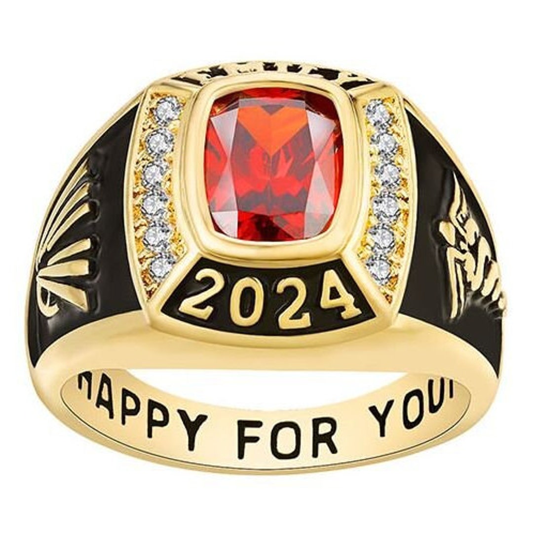 14K Gold Plated Traditional CZ Square Birthstone Class Ring, High ...