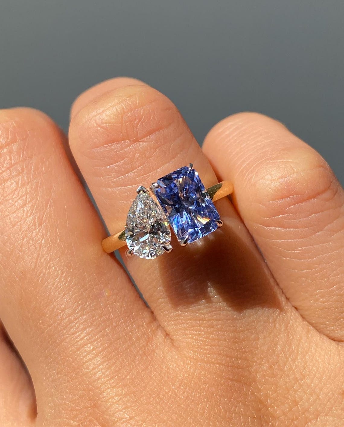Toi Et Moi Blue Radiant Cut Engagement Ring, 14k Solid Gold Two Stone ...