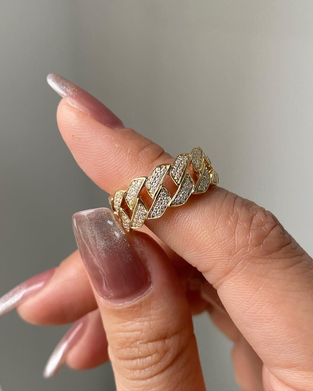 14k Gold Cuban Link Chain Ring, Round Cut Lab Grown Diamond Chain Band ...