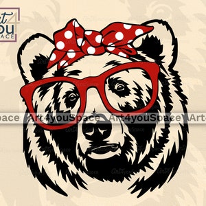 Grizzly Bear SVG Files Cricut, Bear Head Bandana Glasses Clipart, Cute ...