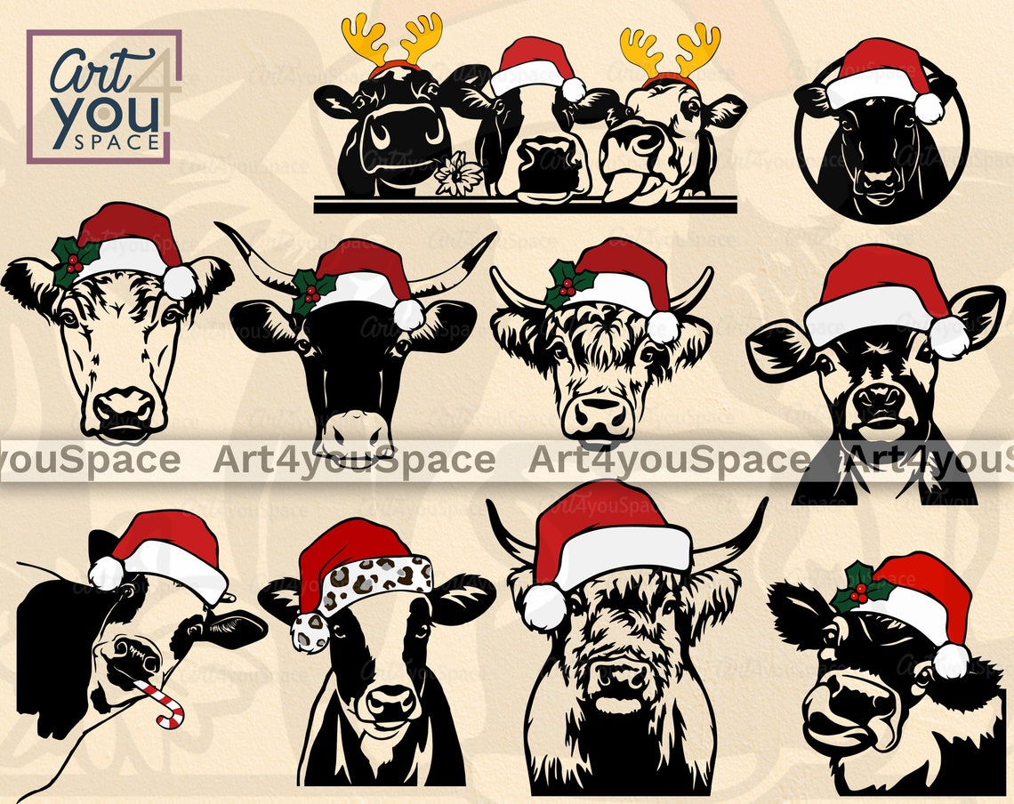 Cow Christmas SVG Set, Heifer Santa Hat Clipart, Calf Xmas Vector ...