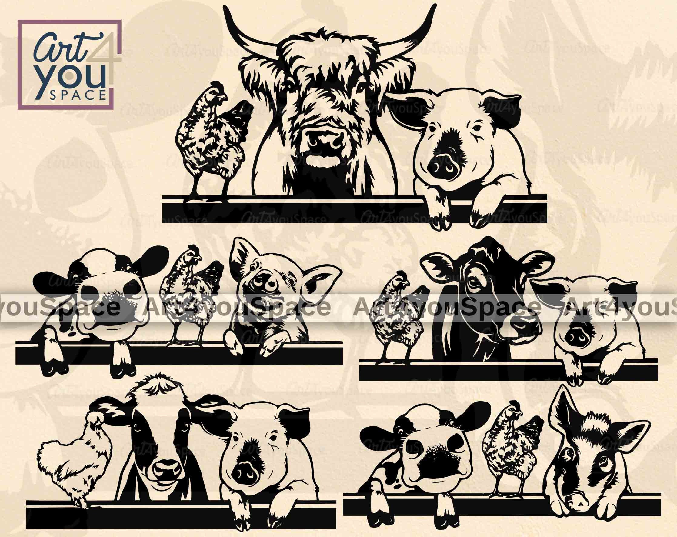 Farm Animals Clipart, Svg Files for Cricut, Pig Cow Chicken Peeking ...