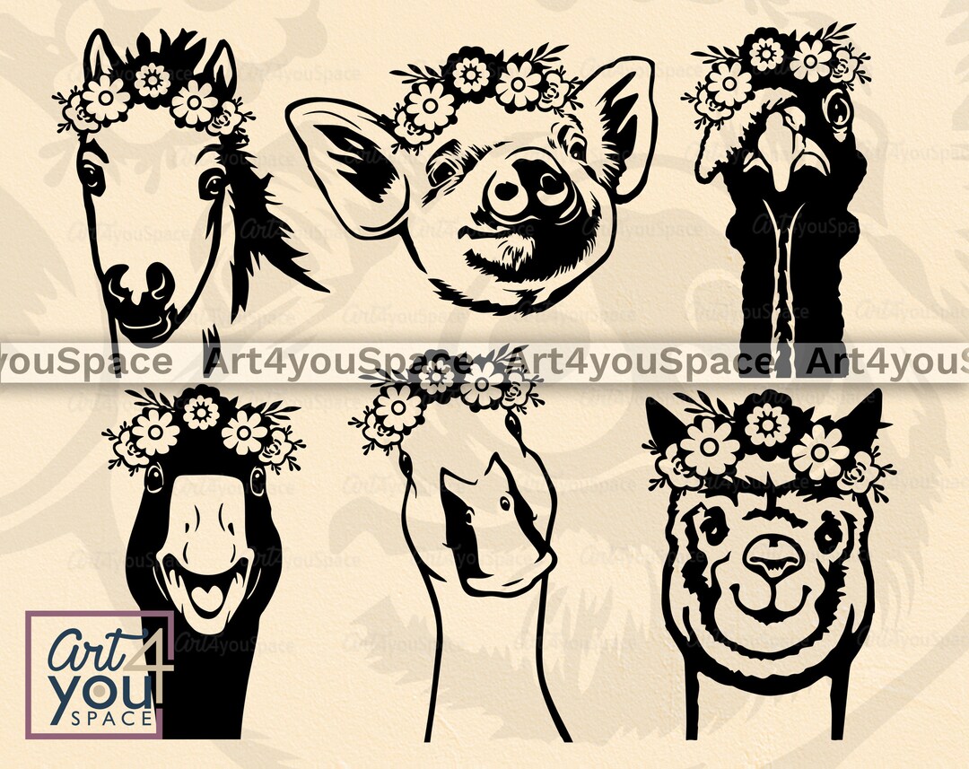 Farm Animal Floral Wreath Svg, Cheerful Animal Head Flower Svg, Digital ...