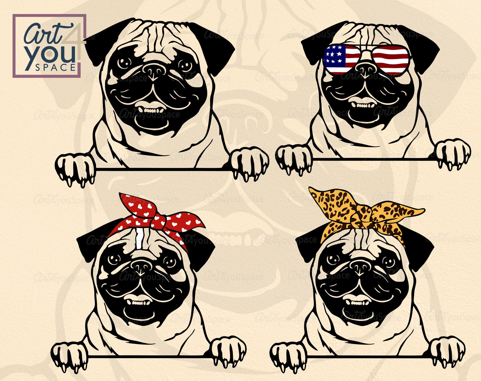 Pug SVG Pug With Bandana Glasses USA Svg Cricut Clipart - Etsy