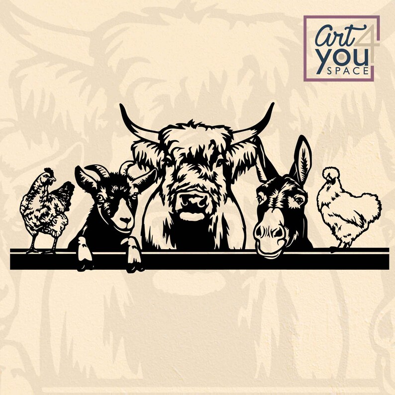 Farm Animals Vector, Svg Files for Cricut, Pig Highland Cow Donkey ...