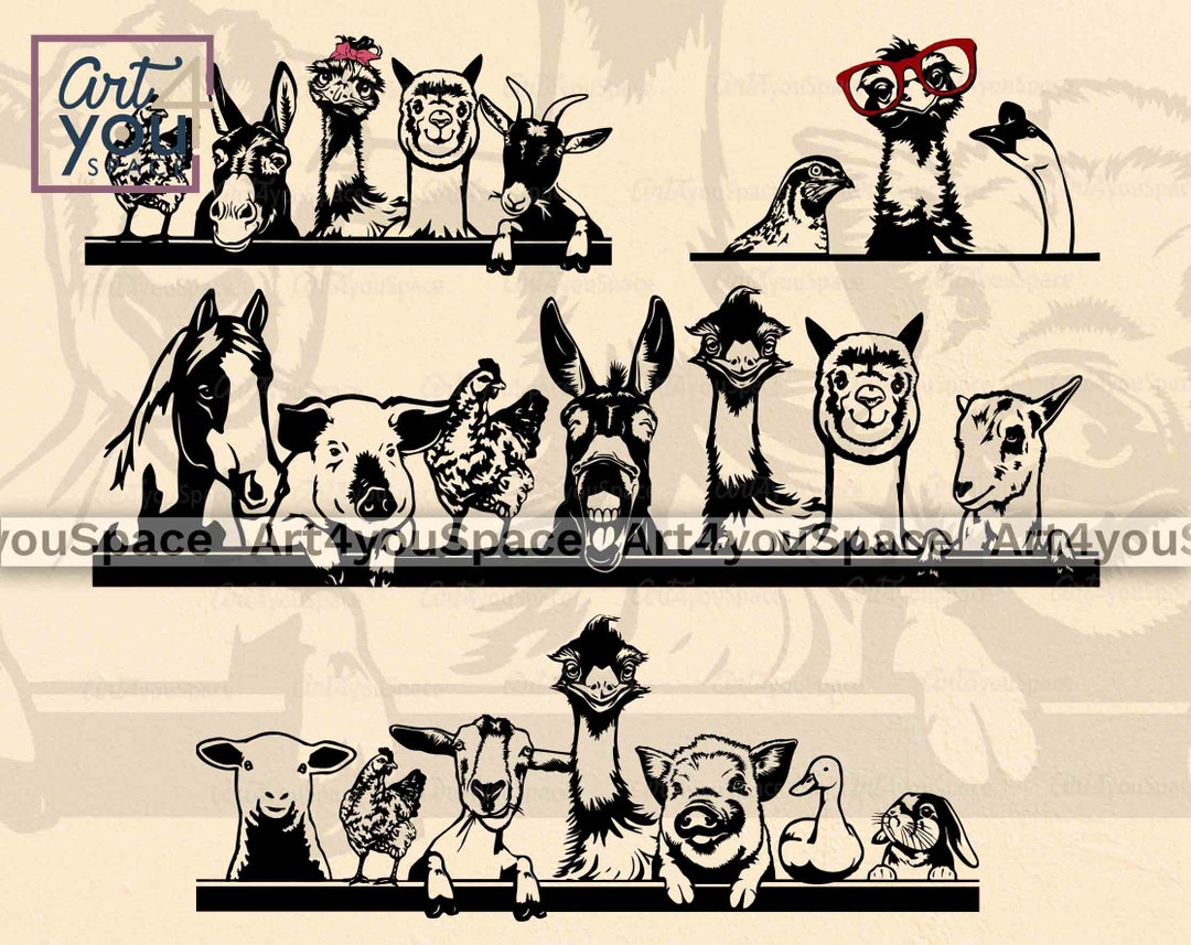 Farm Animals Clipart, Svg Files for Cricut, Pig Cow Emu Donkey Chicken ...