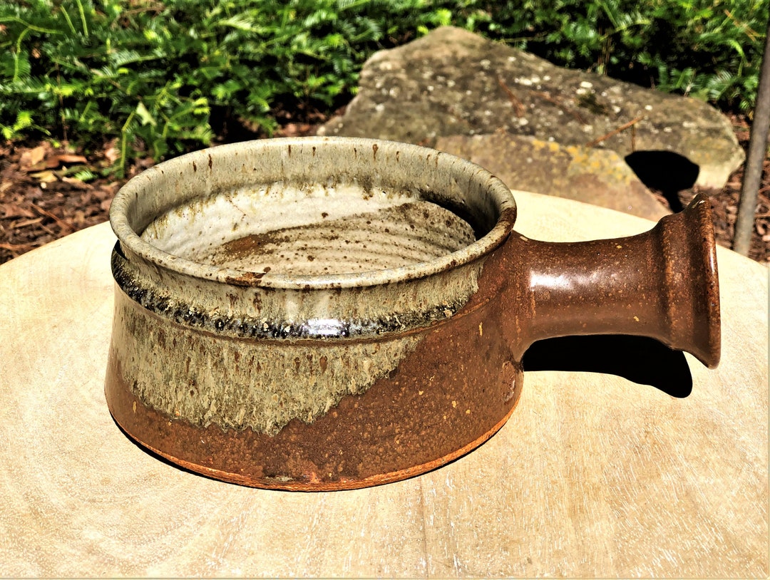 Hand Thrown Redware Pottery Handled Bowl, Brown Gray Drip Glaze, Cone ...