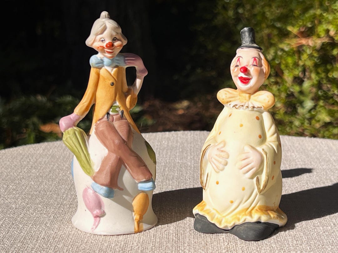 Two Clown Bell Figurines, Belly Laughing Clown, Cross Legged Clown ...
