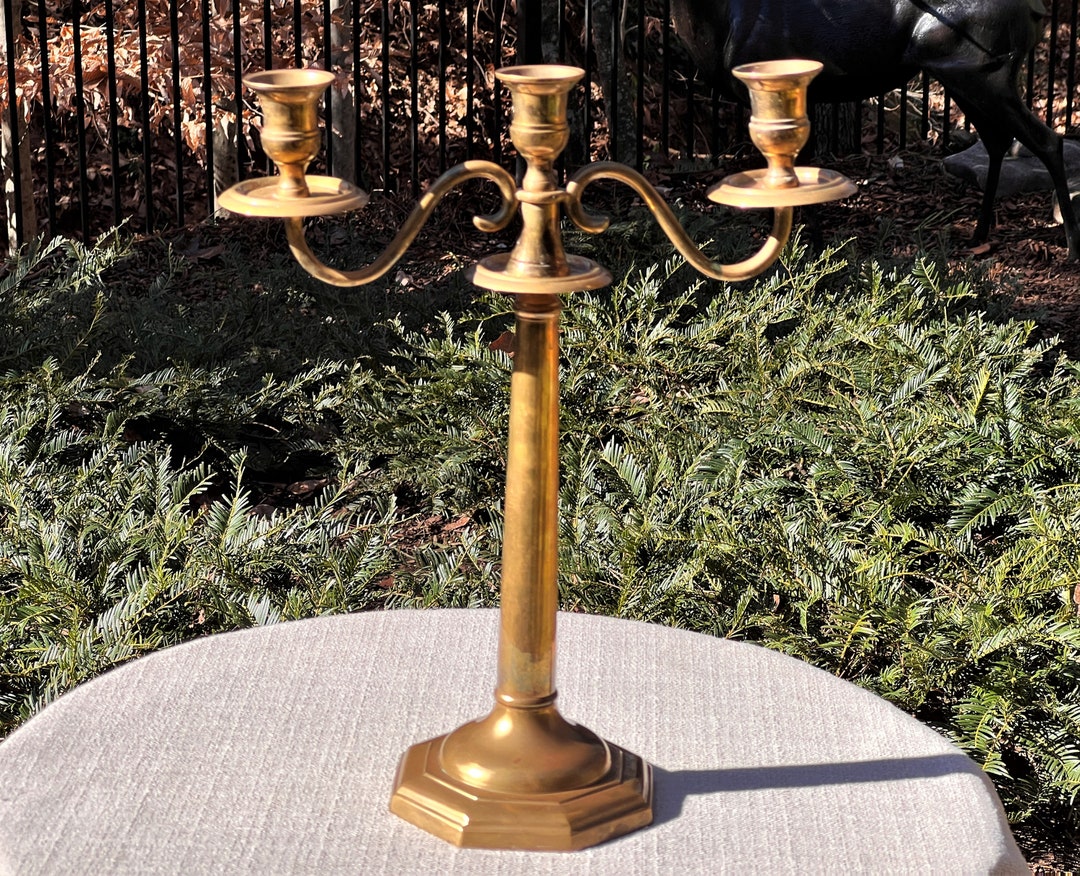Brass Triple Capital Candlestick Holder, Octagonal Cupped Base, Mantel ...