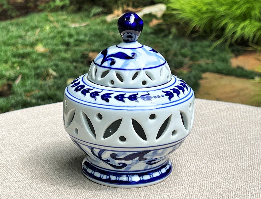 Blue on White Jacobean Floral Covered Potpourri Dish, Pierced Ceramic ...