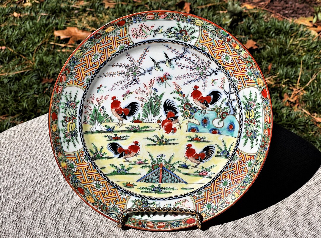 Vintage 10" Five Roosters Hand Painted Decorative Plate, Five Virtues ...