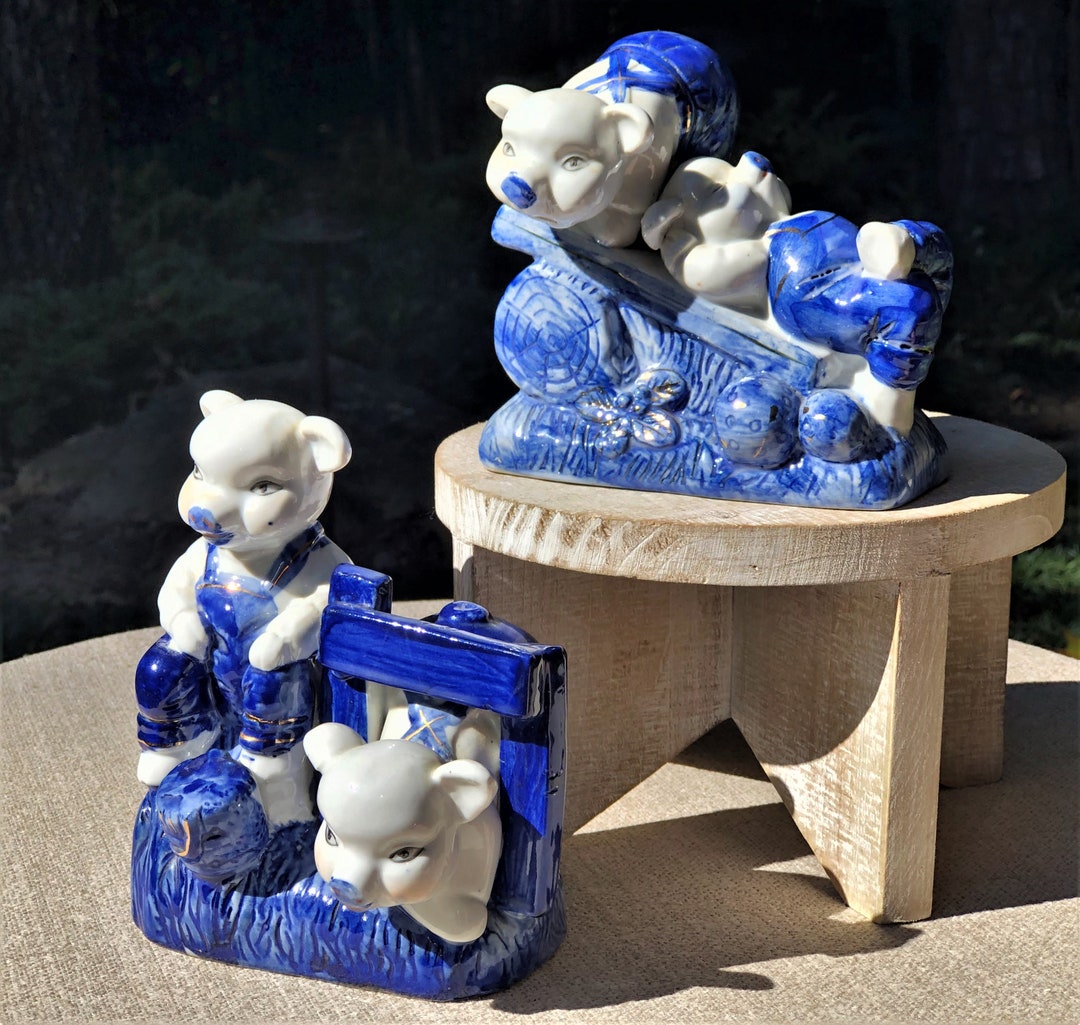 TWO Whimsical Blue & White Pigs in Overalls Figurines, Two Pigs on ...