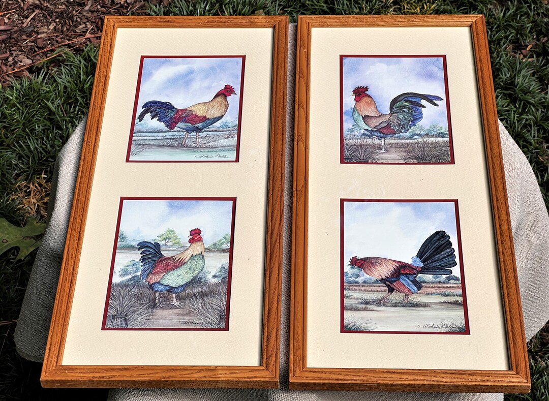Set of TWO Barnyard Roosters 21" Framed Dyptic Art Prints, Designed by ...
