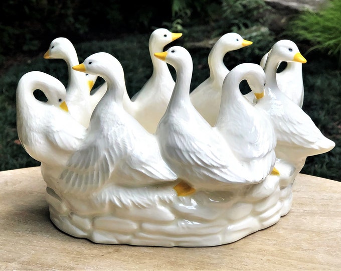 Circle of Geese Ceramic Planter, TEN Geese Ring the Rim of White ...