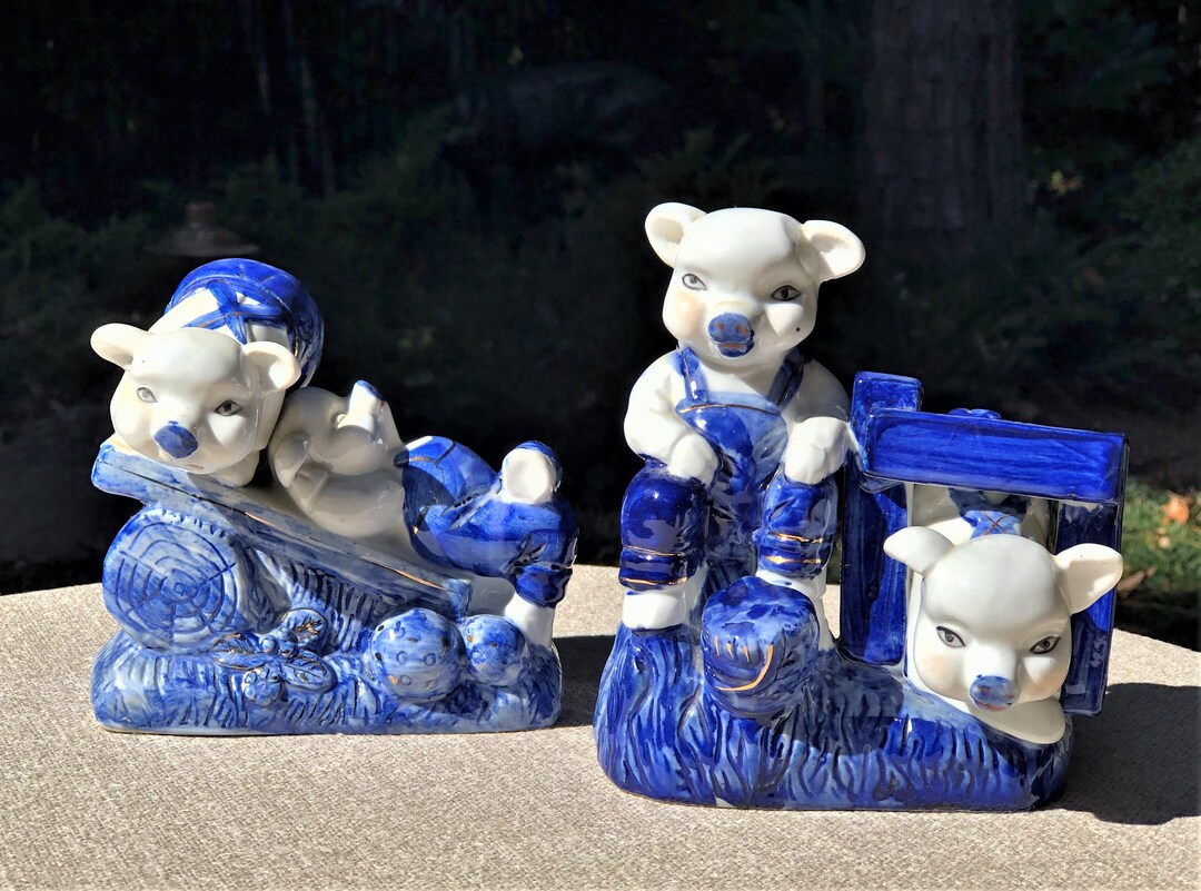 TWO Whimsical Blue & White Pigs in Overalls Figurines, Two Pigs on ...