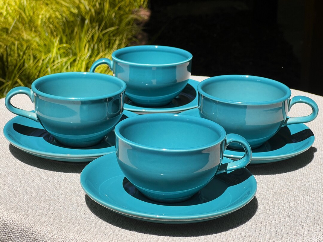FOUR 1950's Russel Wright Turquoise Flat Cups & Saucers by Casual China ...
