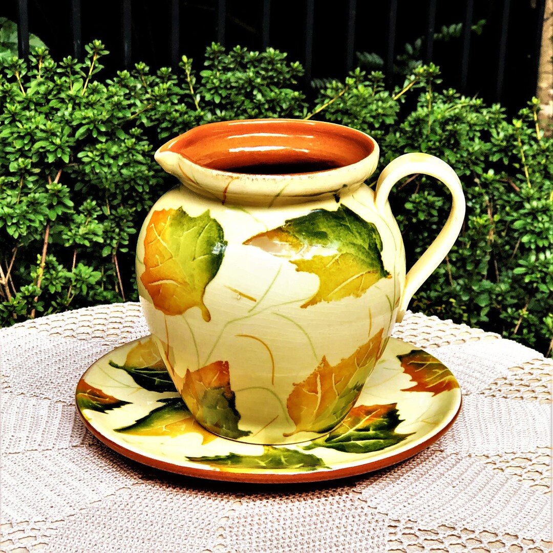Hand Painted Italian Redware Pitcher & Under Plate, Cook's Bazaar ...