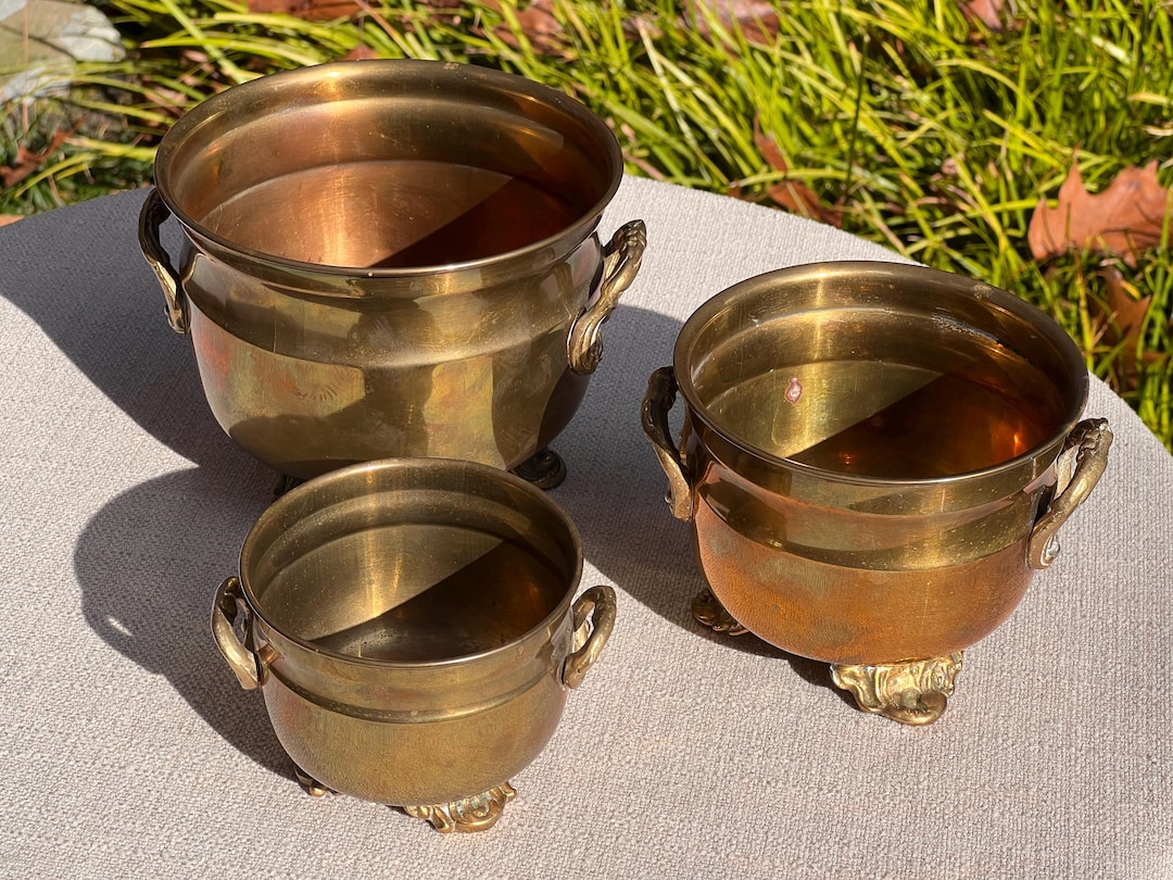 THREE Solid Brass Graduated Footed Pots With Loop Handles, Three ...