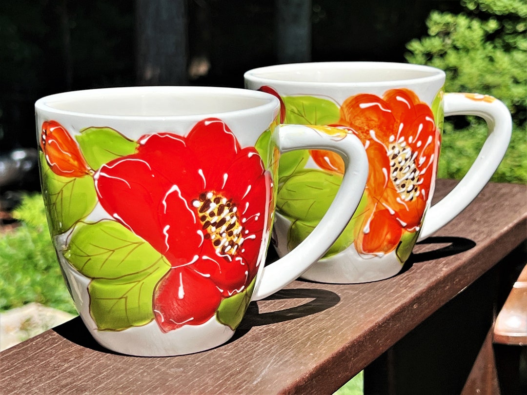 TWO Large Hand Painted Poppy Mugs Designed by Laurie Gates, Orange ...
