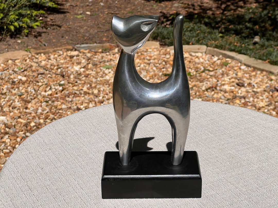 MCM Pewter Cat Figurine on Black Stand, Modern Cat Statuette, Cat Lover ...