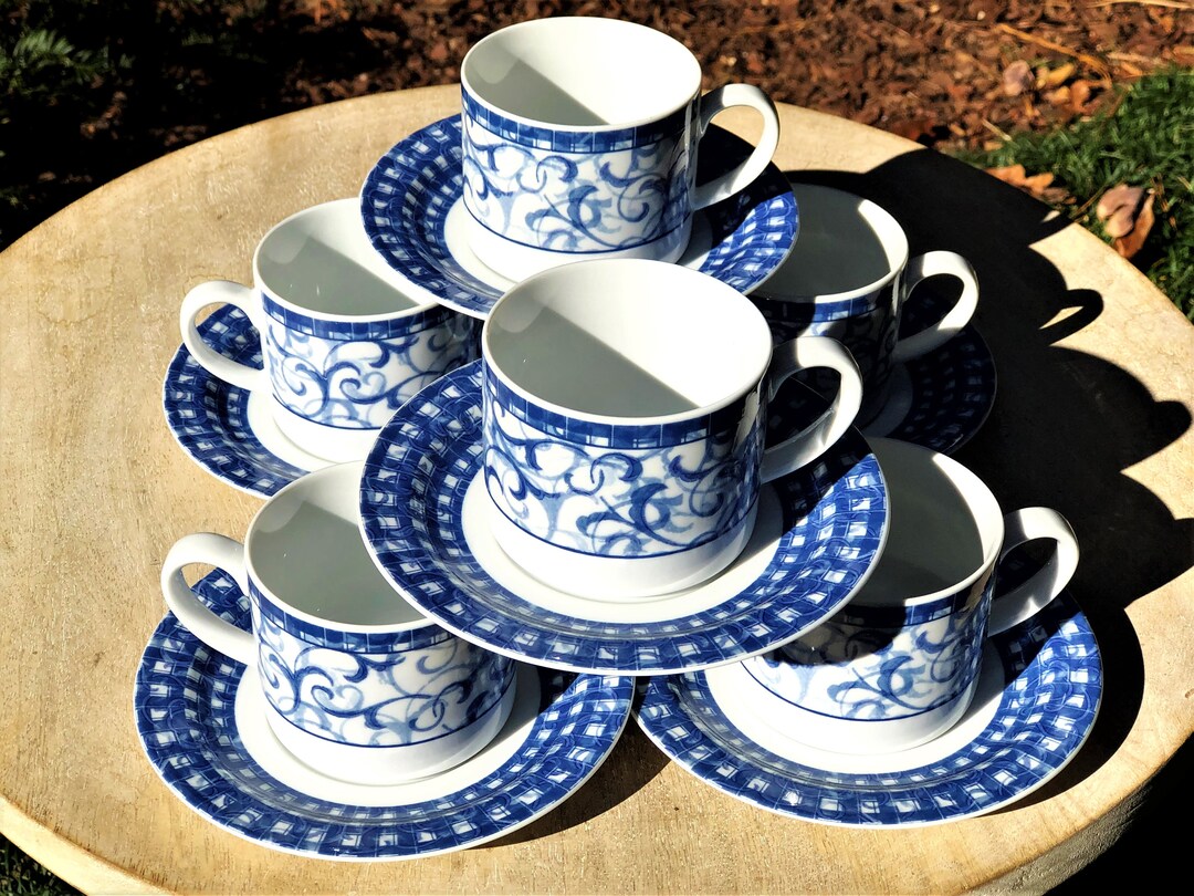 Set of SIX Oneida "blue Heather" Porcelain Flat Cups & Saucers, Blue on ...