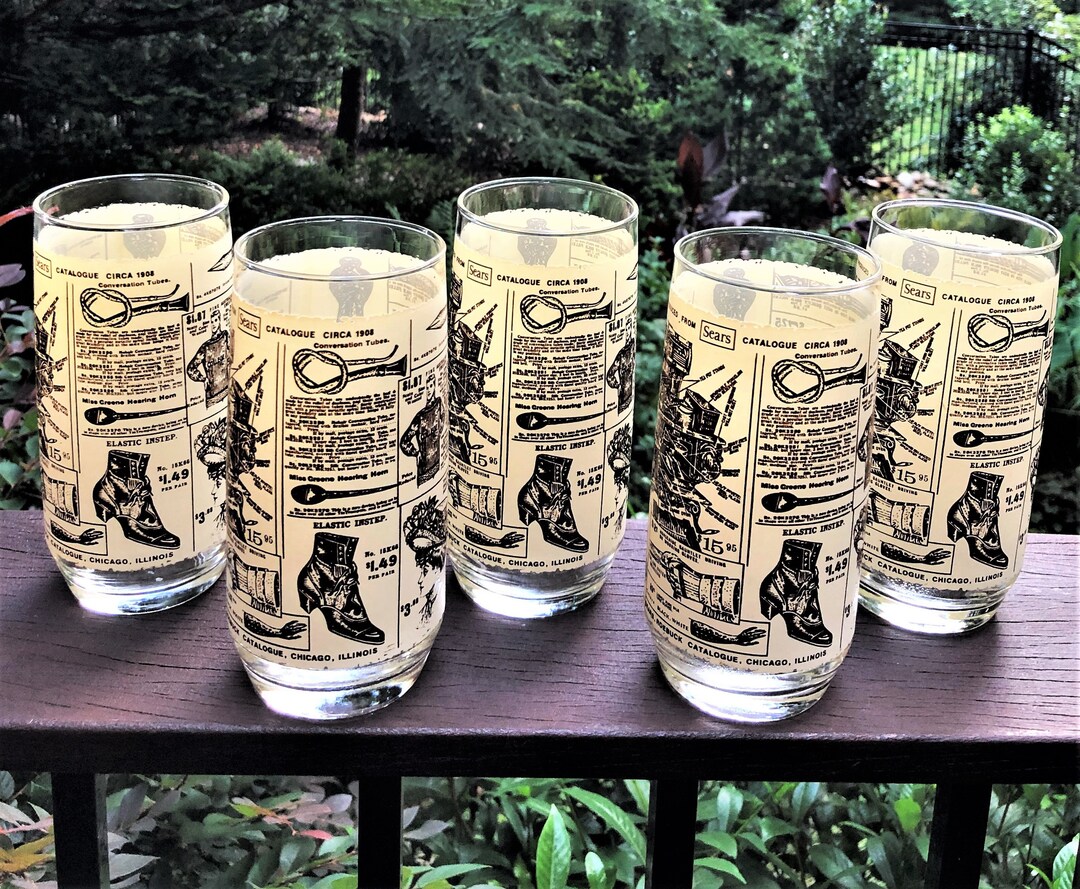 FIVE Retro 1908 Sears Catalog Reproduction Graphics on Glass Tumblers ...