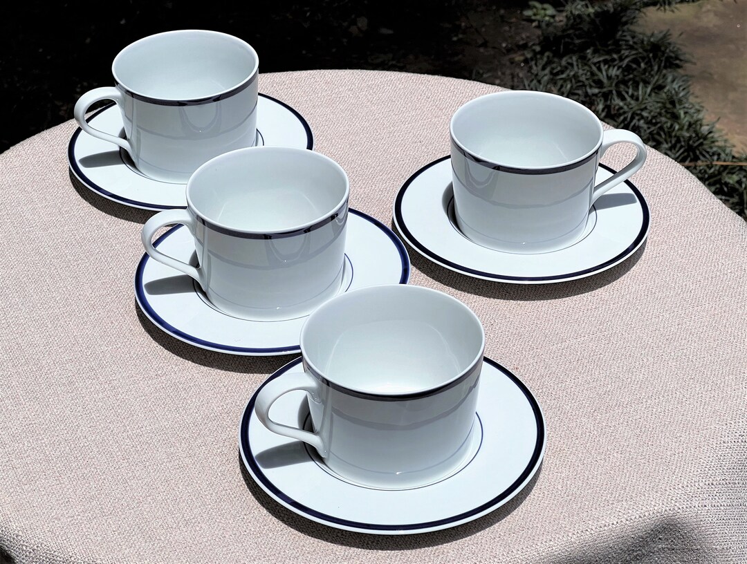 FOUR Block Spal Lisboa Blue Flat Cups & Saucers, Sleek Portuguese Block ...