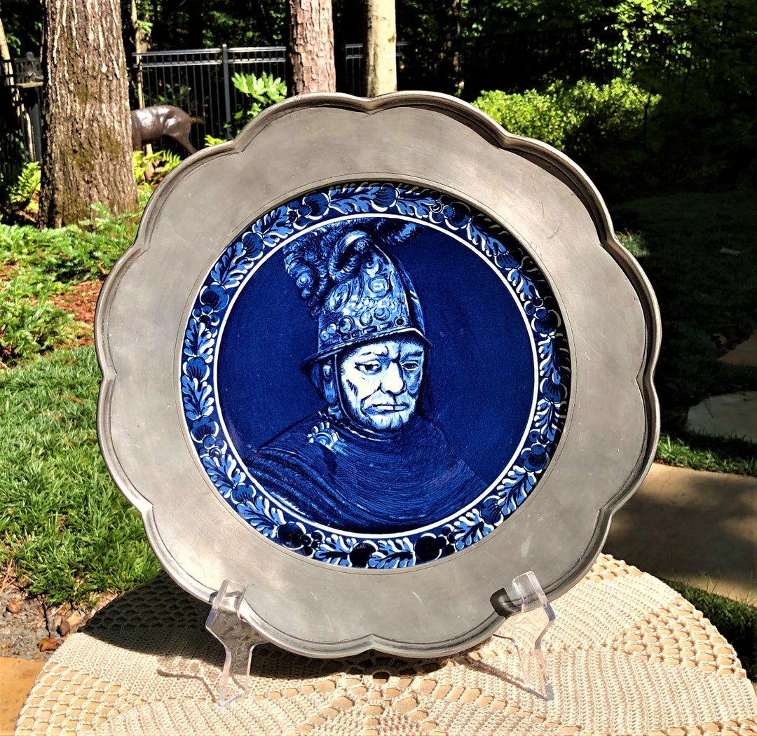 Large Delft Blue the Man in the Golden Helmet Plate in Scalloped Pewter ...
