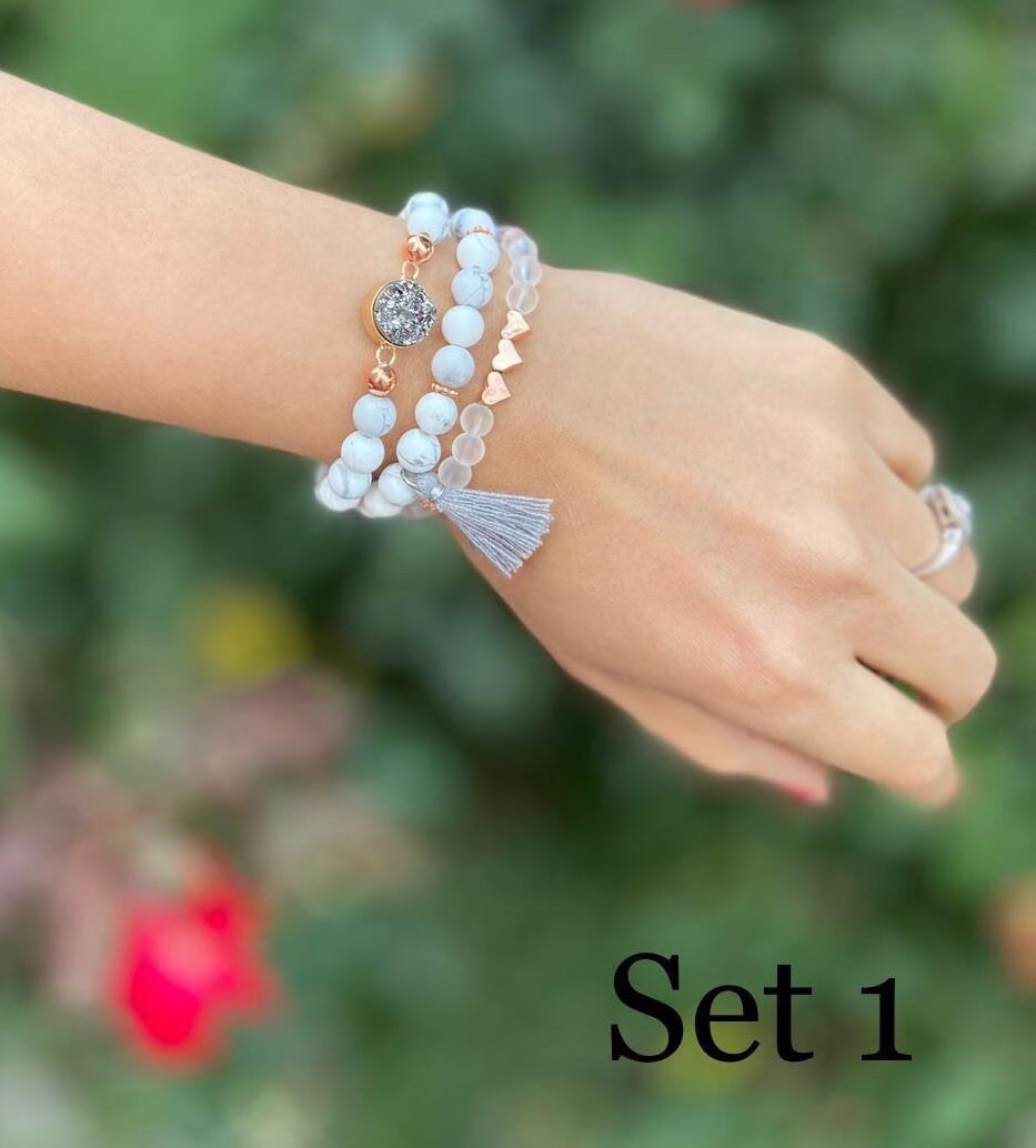 Womens Beaded Bracelet Set Marble Bracelet Set Pink Zebra | Etsy