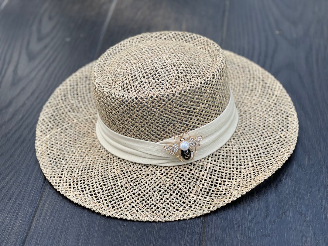 Womens Straw Hat, Gold Brooch Straw Hat, Womens Beige Sun Hat, Beige ...